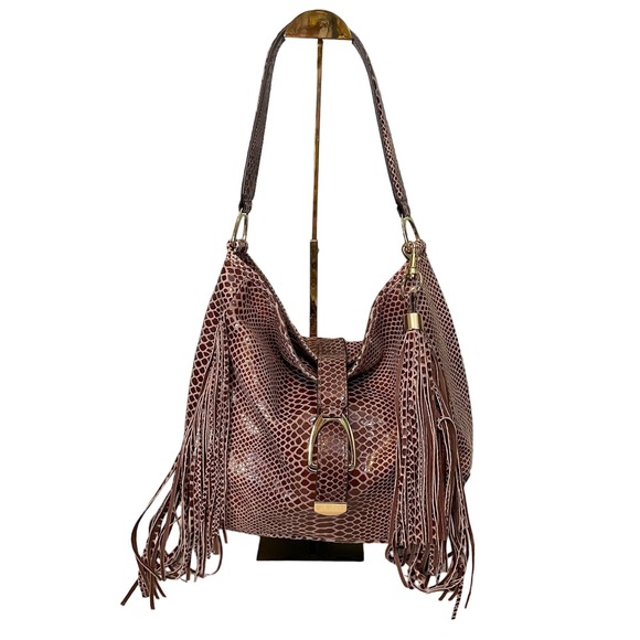 G.I.L.I. | Bags | Gili Womens Brown Emboss Genuine Leather Stirrup Fringe Tassel Shoulder Hobo ...